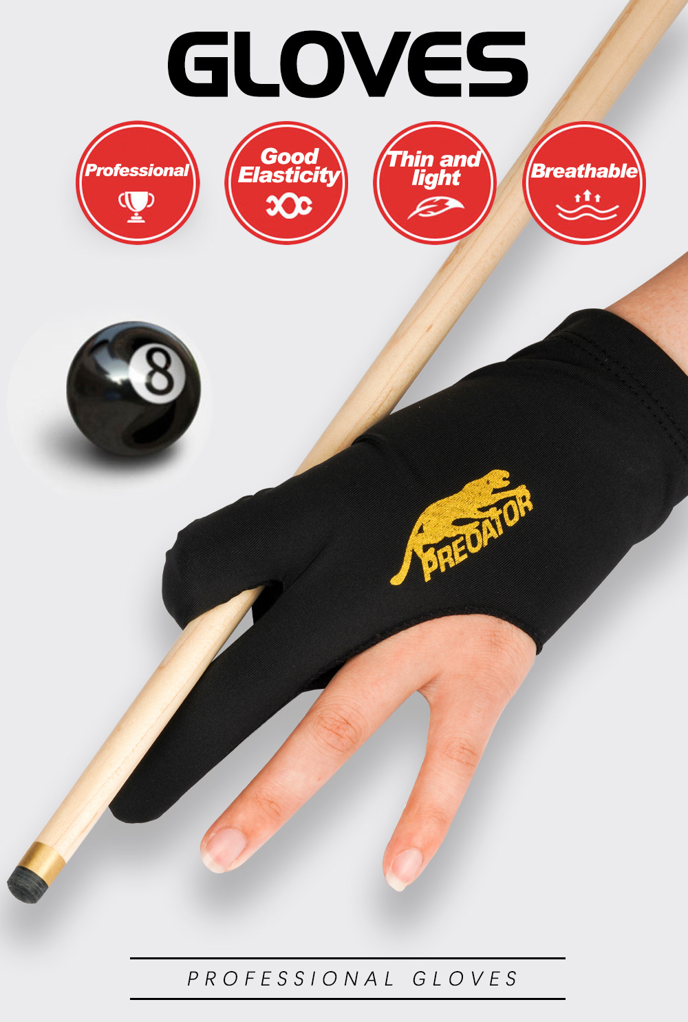 PREDATOR Billiard Pool Gloves Left Hand Lycra Fabric Black Professional ...