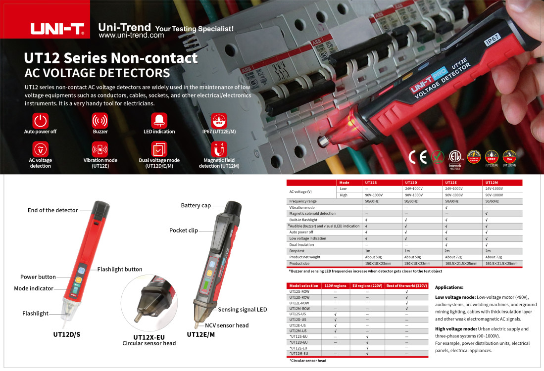 UNI-T UT12E UT12M Socket Wall AC Voltage Detector Indicator 24V-1000V ...