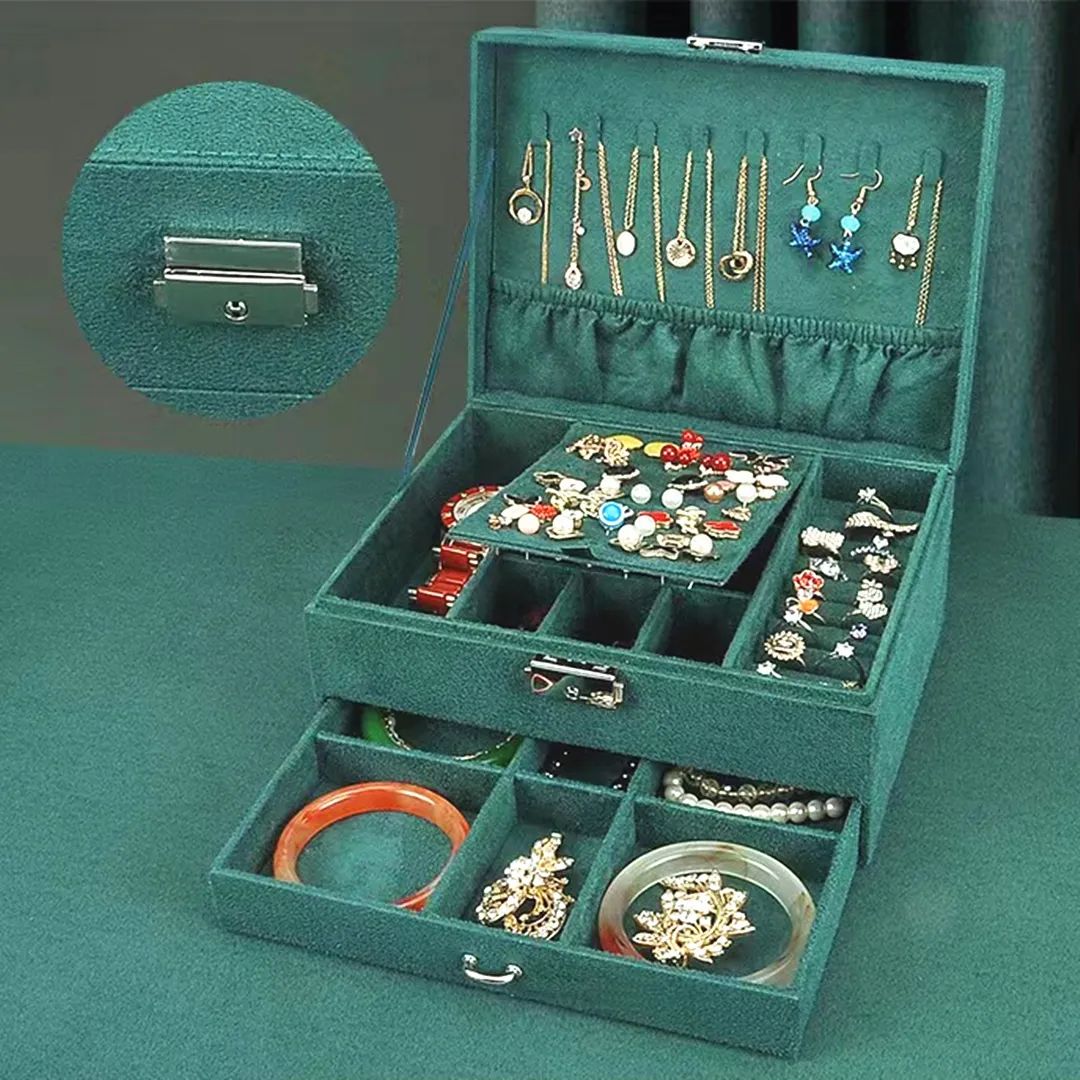 【24 Hours Ship】Three layer Velvet Jewelry Box With Lock Large Necklace ...