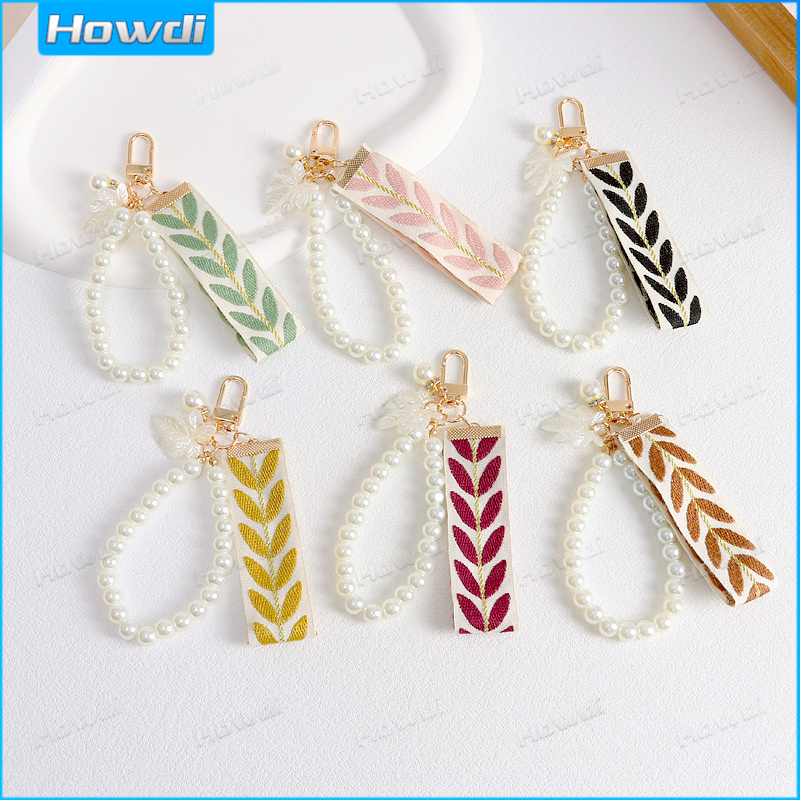 Cute Leaf Pattern Wristlet Strap Keychain Fashion Pearl Pendant With ...