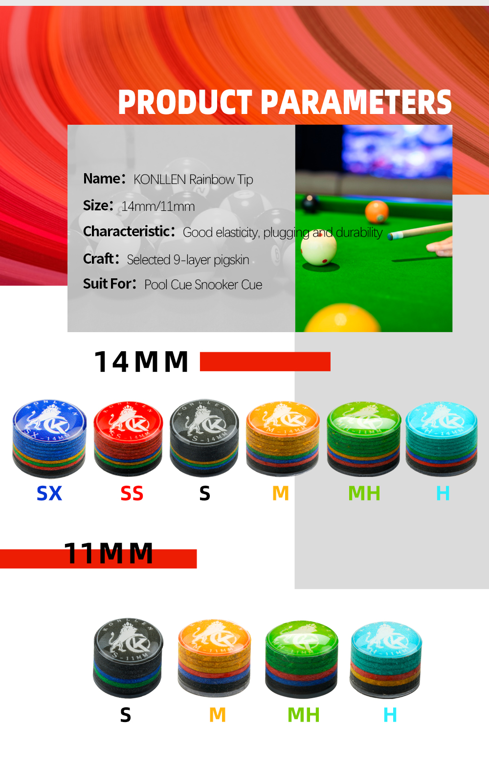 Konllen Rainbow Tip Billiards Tips SX/SS/S/M/MH/H 11mm/14mm Pool Cue ...