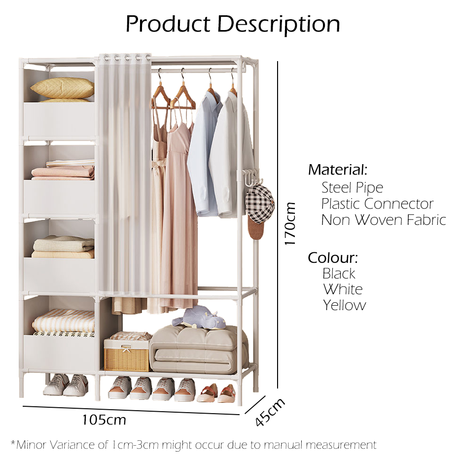 Dustproof Wardrobe Cabinet Clothes Organizer Rack with Curtain Bedroom ...