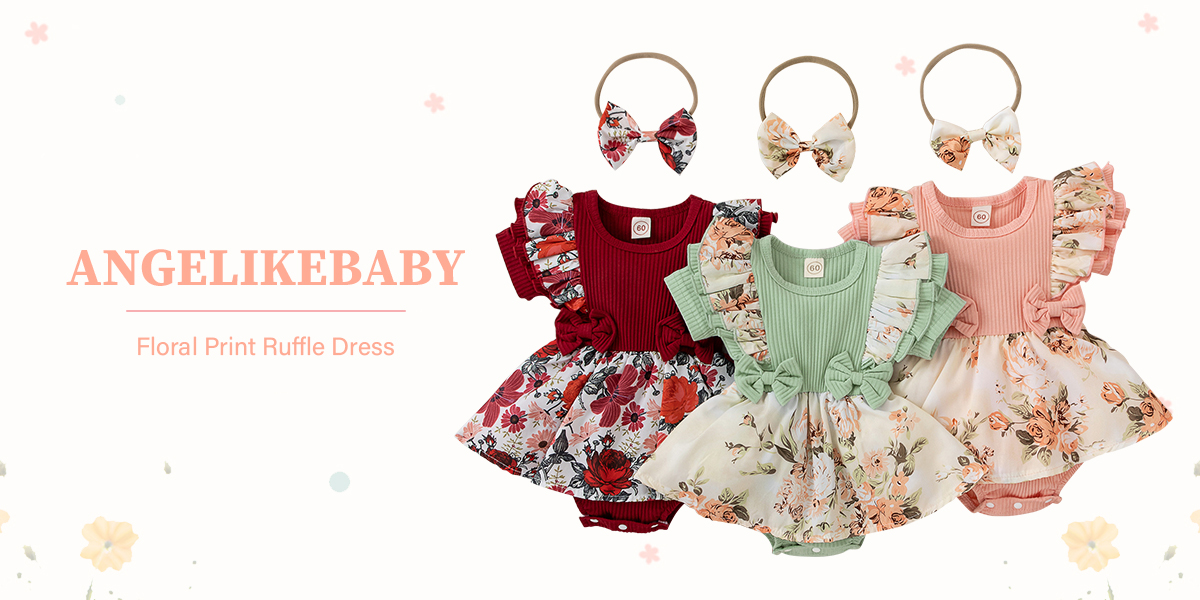 ANGELIKE Baby Girl Romper Dress Set Floral Print Ruffle Jumpsuits Baby ...