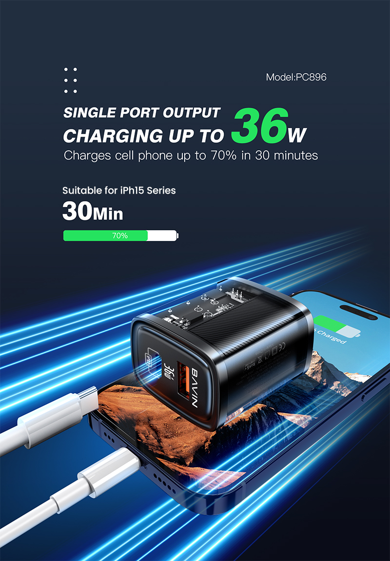 BAVIN PC869 36W Fast Charger w/ Dual USB & PD Port Supports for iPh 16 ...
