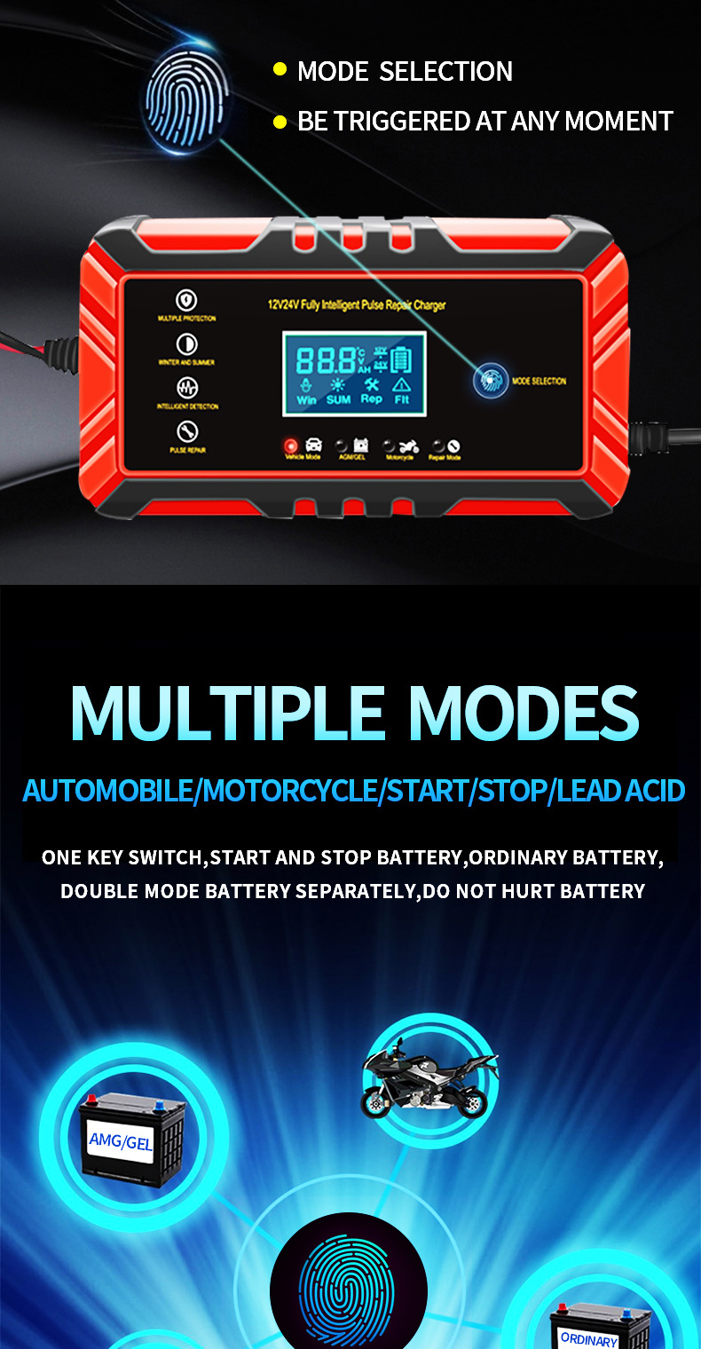 MIDOO Car Battery Charger 12V/24V 8A Intelligent Touch Screen Pulse ...