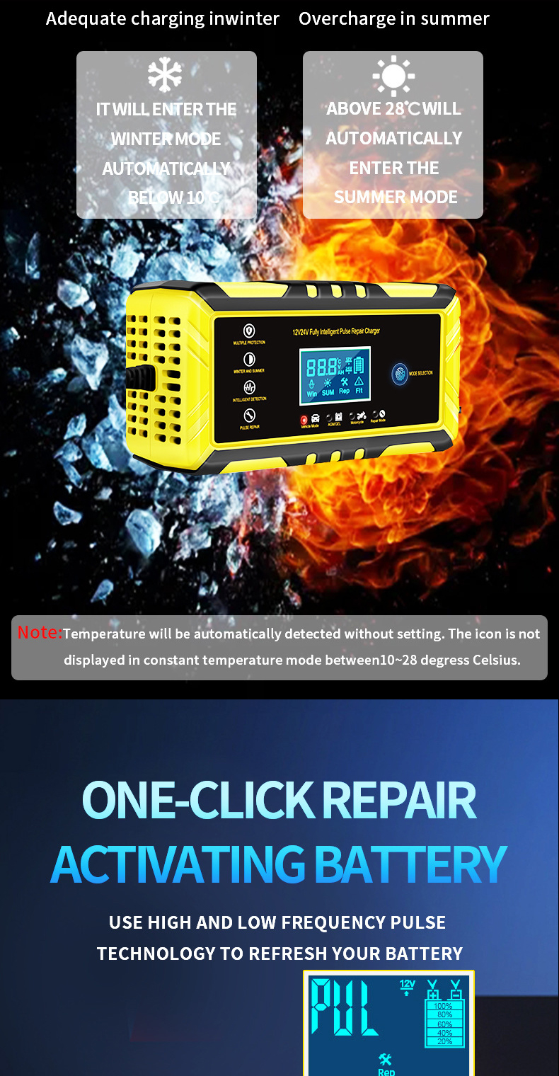 MIDOO Car Battery Charger 12V/24V 8A Intelligent Touch Screen Pulse ...