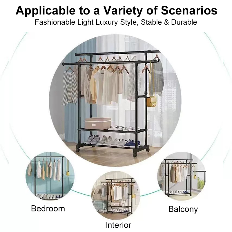 Extendable Double Pole Clothes Rack with Wheels Metal Clothes Hanger ...