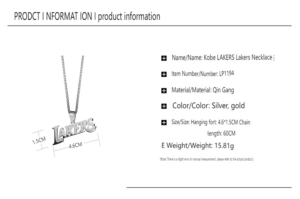 NBA Lakers Titanium Steel Logo Commemorative Necklace Hip Hop Style ...