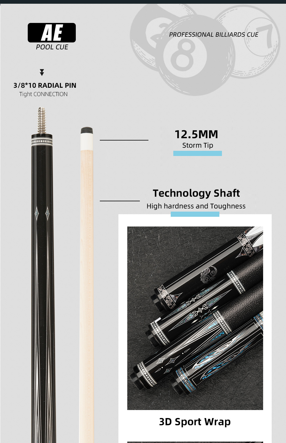 FURY AE-4/5/6/7 Billiard 58" 1/2 Hurricane Pool Cue Stick 12.5mm Maple ...