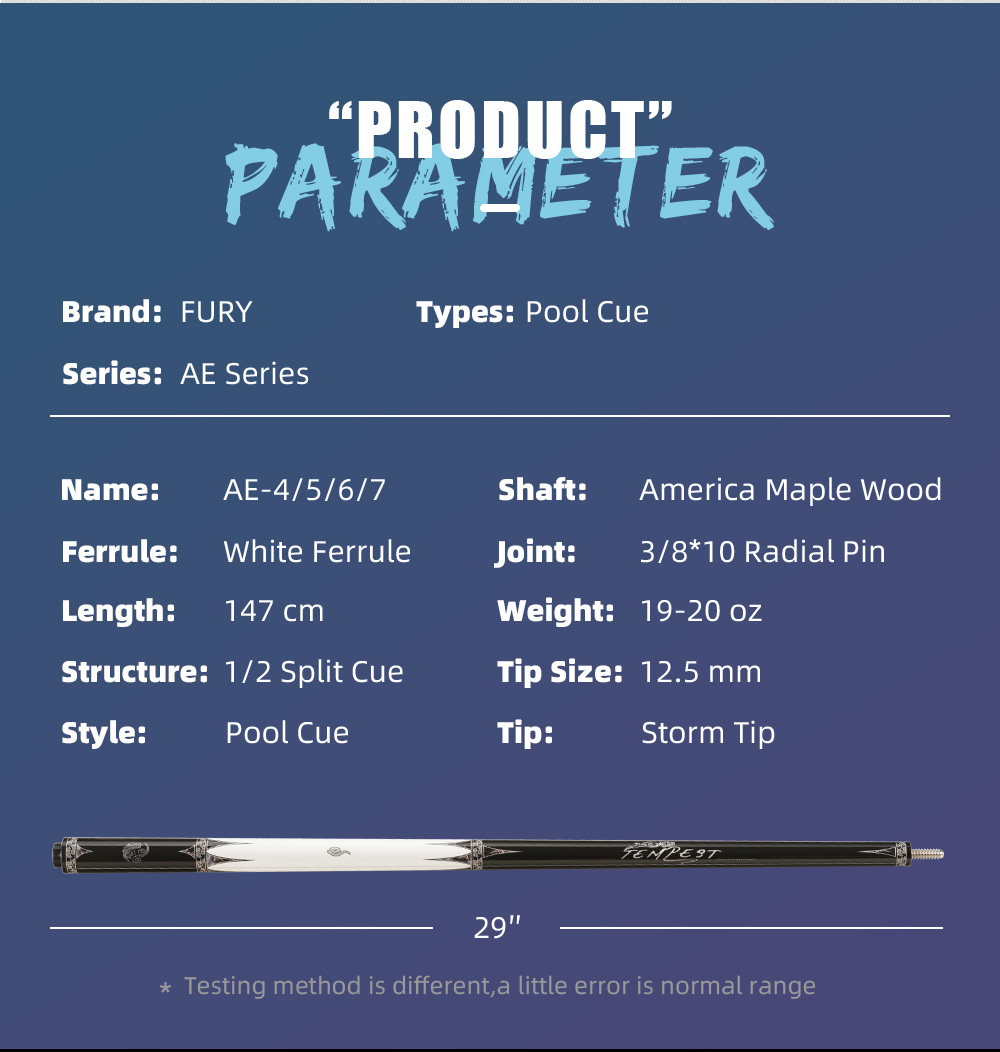 FURY AE-4/5/6/7 Billiard 58" 1/2 Hurricane Pool Cue Stick 12.5mm Maple ...
