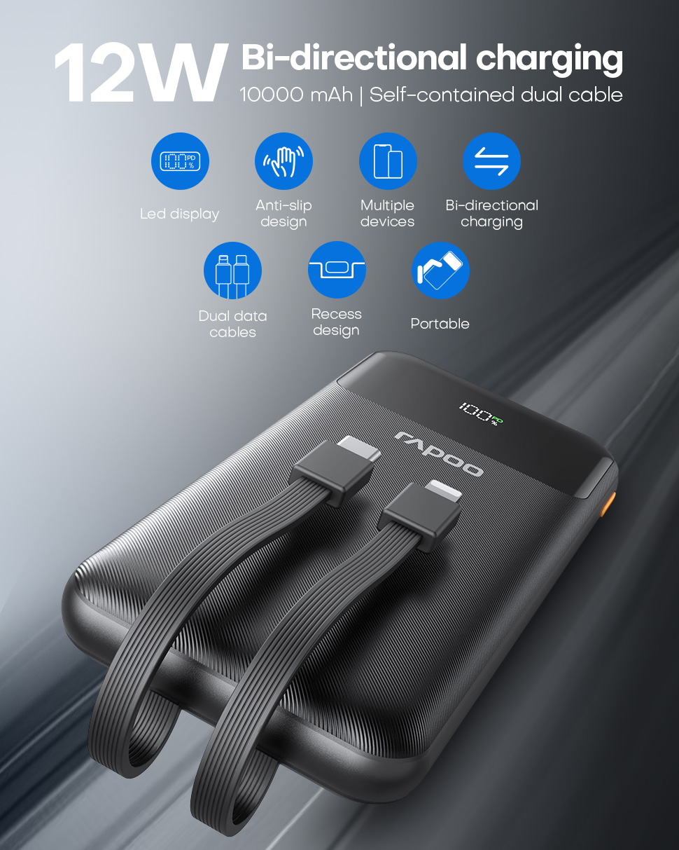 Rapoo RH10 10000mAh 12W Powerbank with Built in Cable Digital LED ...