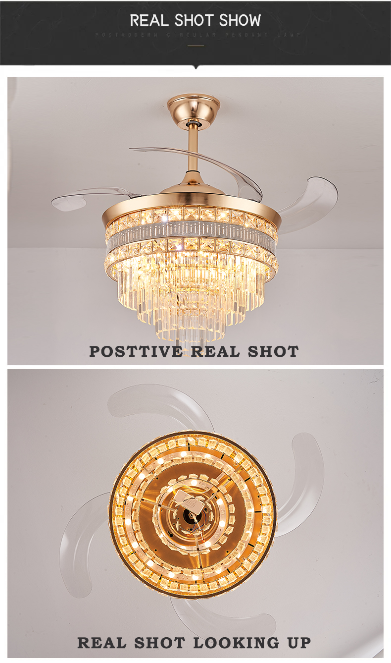 Crystal ceiling fan light big size asahi 3 lights invisible chandelier ...