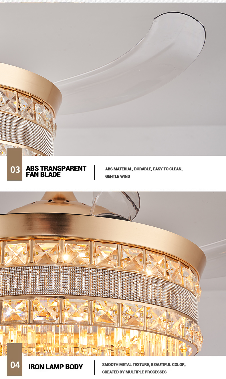 Crystal ceiling fan light big size asahi 3 lights invisible chandelier ...