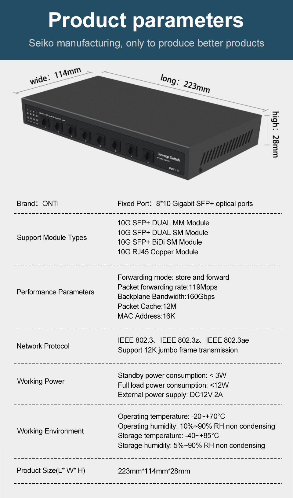 ONTi 8 ports SFP+ Layer 3 Managed Switch Support DHCP ，Dynamic Routing ...