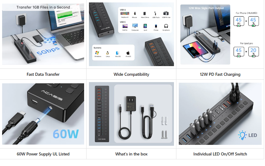 ACASIS 11/16 Ports Hub Smart Fast Charging Type-C USB 3.0/2.0 Hub High ...