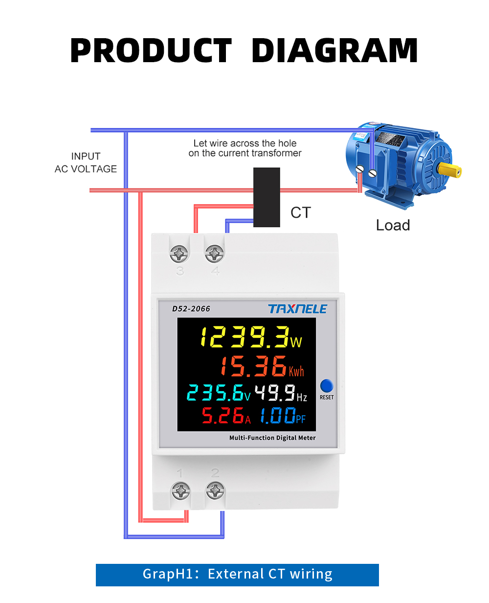 TAXNELE D52-2066 6IN1 AC monitor 220V 100A Voltage Current Power Factor ...