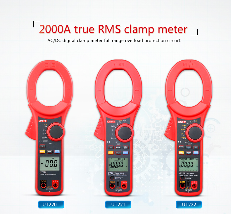 UNI-T Digital Clamp Meter UT220 UT221 UT222 2000A Automatic Data Hold Backlight Digital de ...