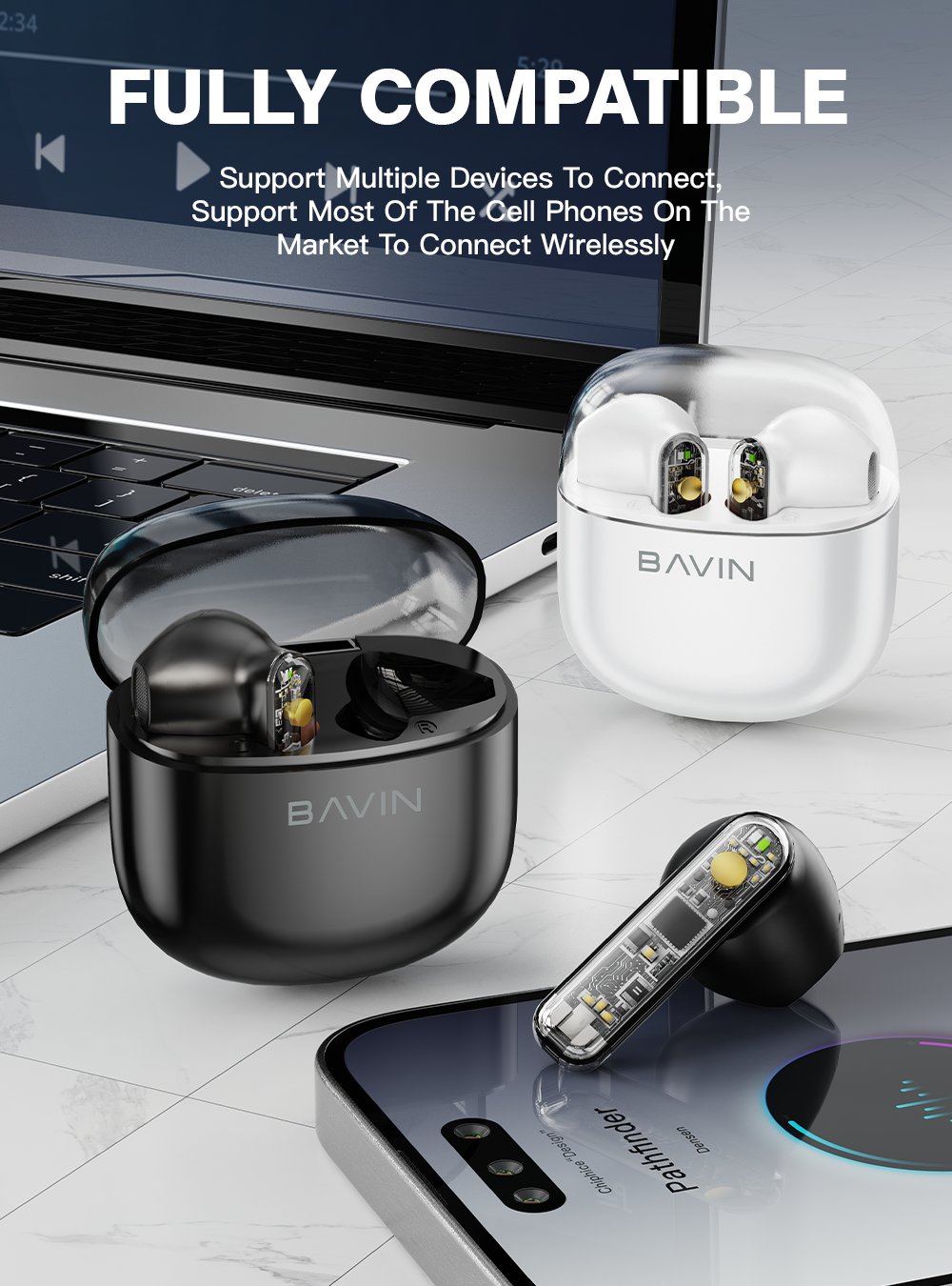 BAVIN BA61 TWS Wireless Bluetooth Earbuds w/ Long Endurance & Smart ...