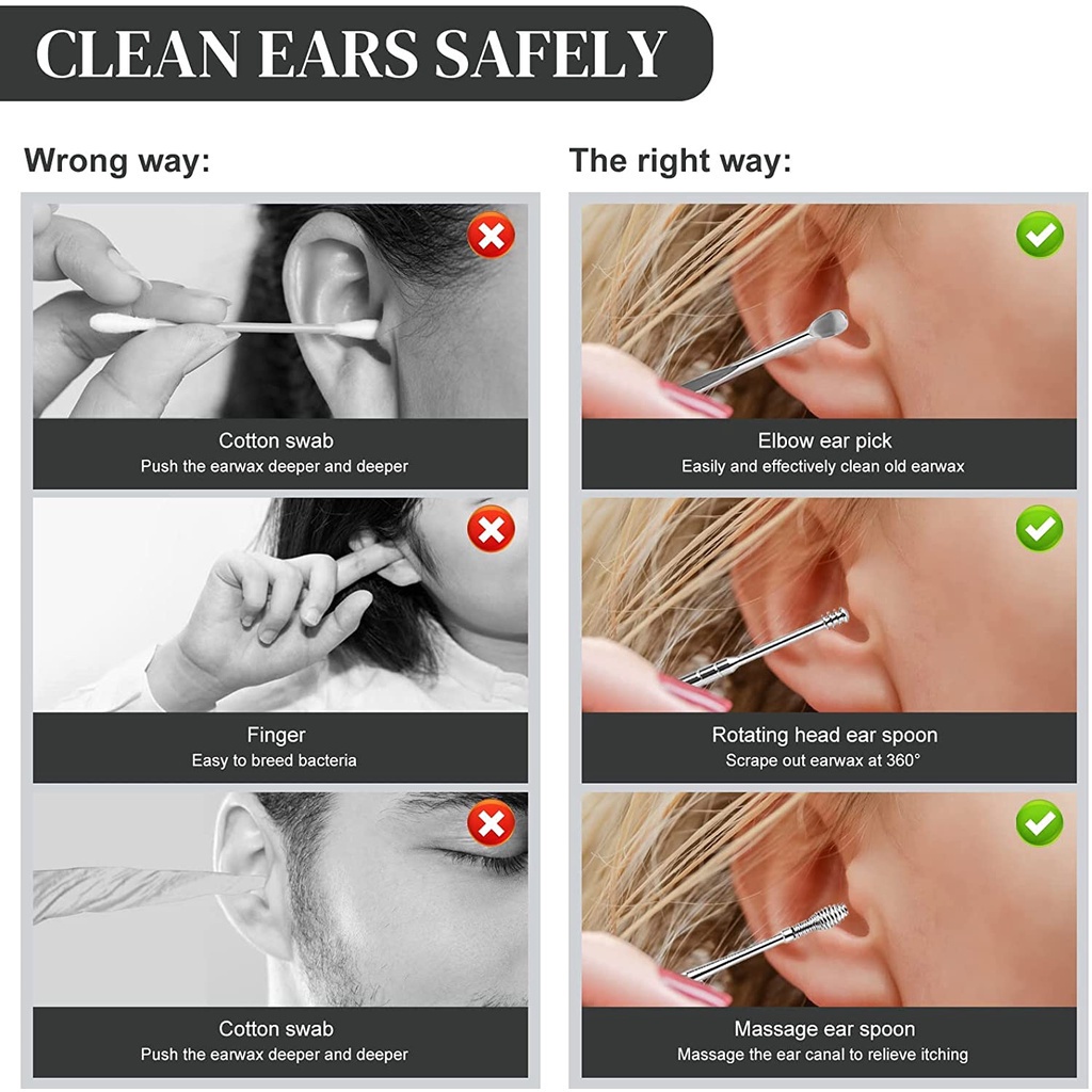 HISOO.Silver Ear spoon Stainless steel 6Pcs set spiral ear pick earwax ...