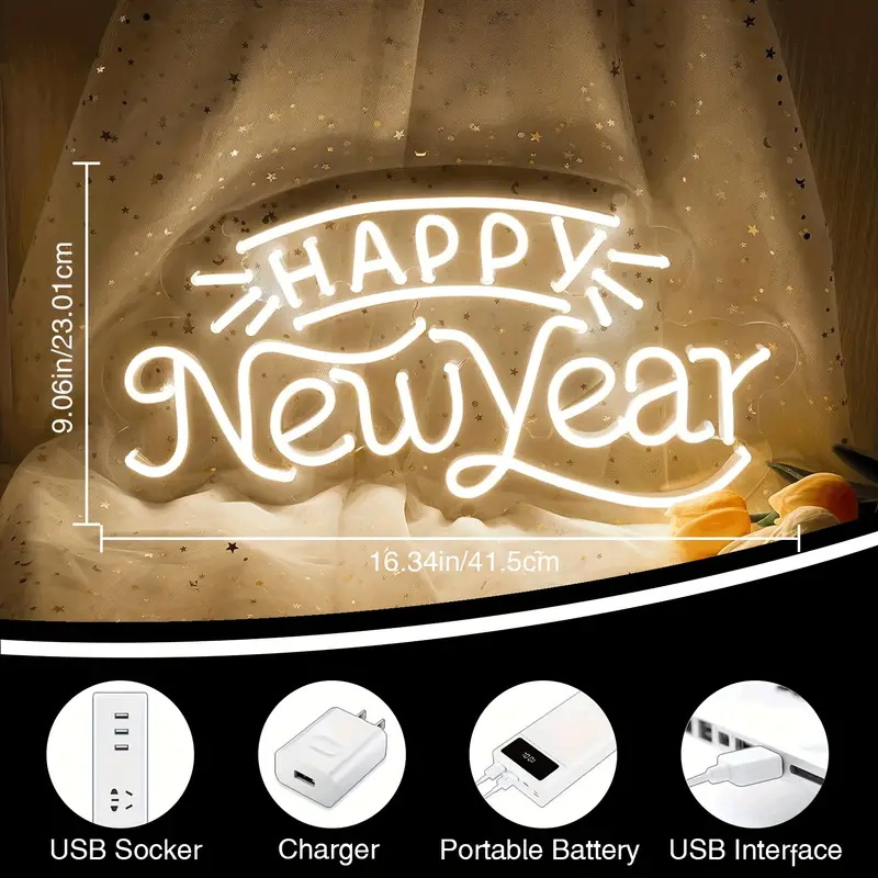 Happy New Year Neon Sign, LED Light Sign New Years Eve Party Lights ...
