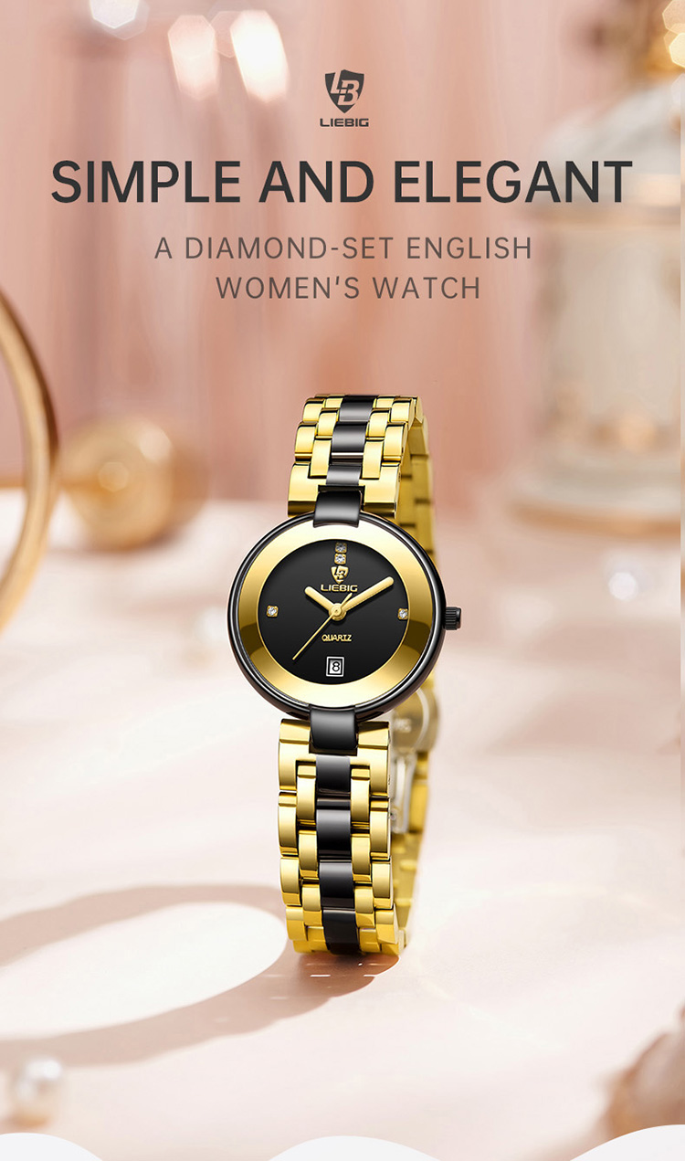 LIEBIG L8003 Watch for Women Black Gold Luxury 3ATM Waterproof Quartz ...