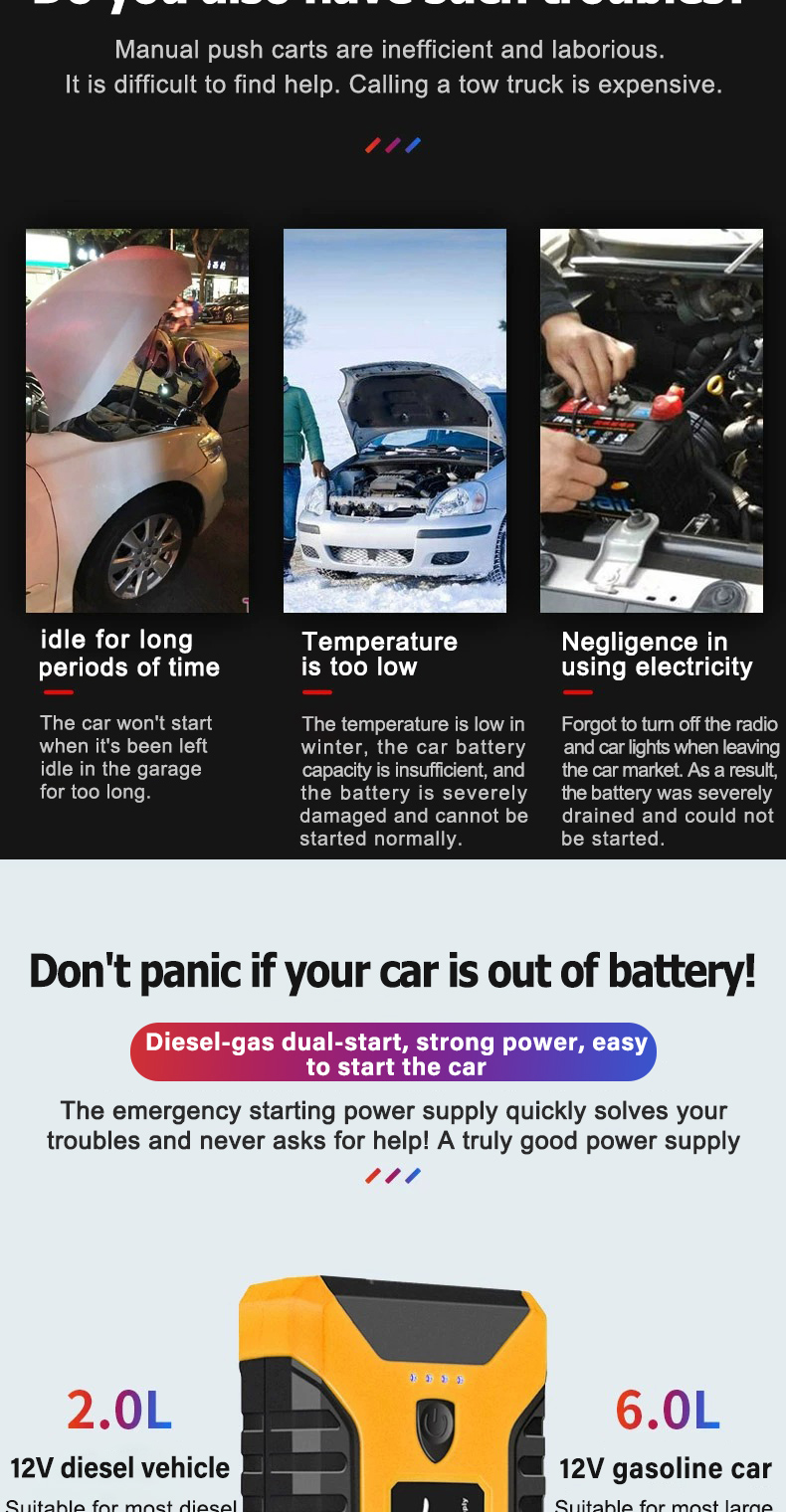 Portable 99800mAh Car Jump Starter 4IN1 Car Emergency Startup Multi ...