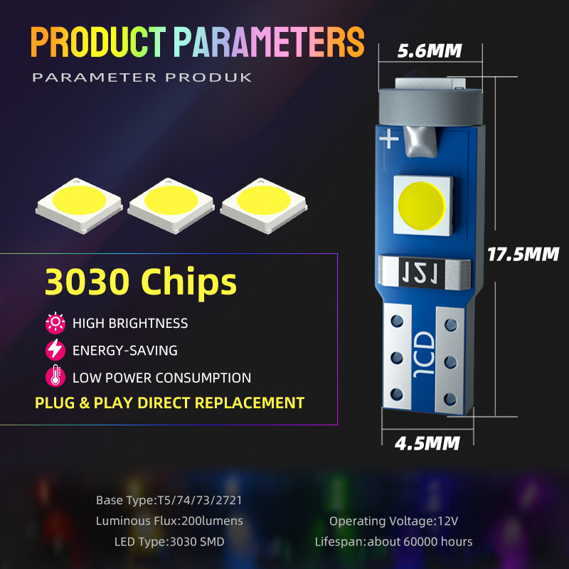 1*T5 Led W3W LED Bulb Instrument Dash Lights 3SMD 3030 73 74 17 27 Auto ...