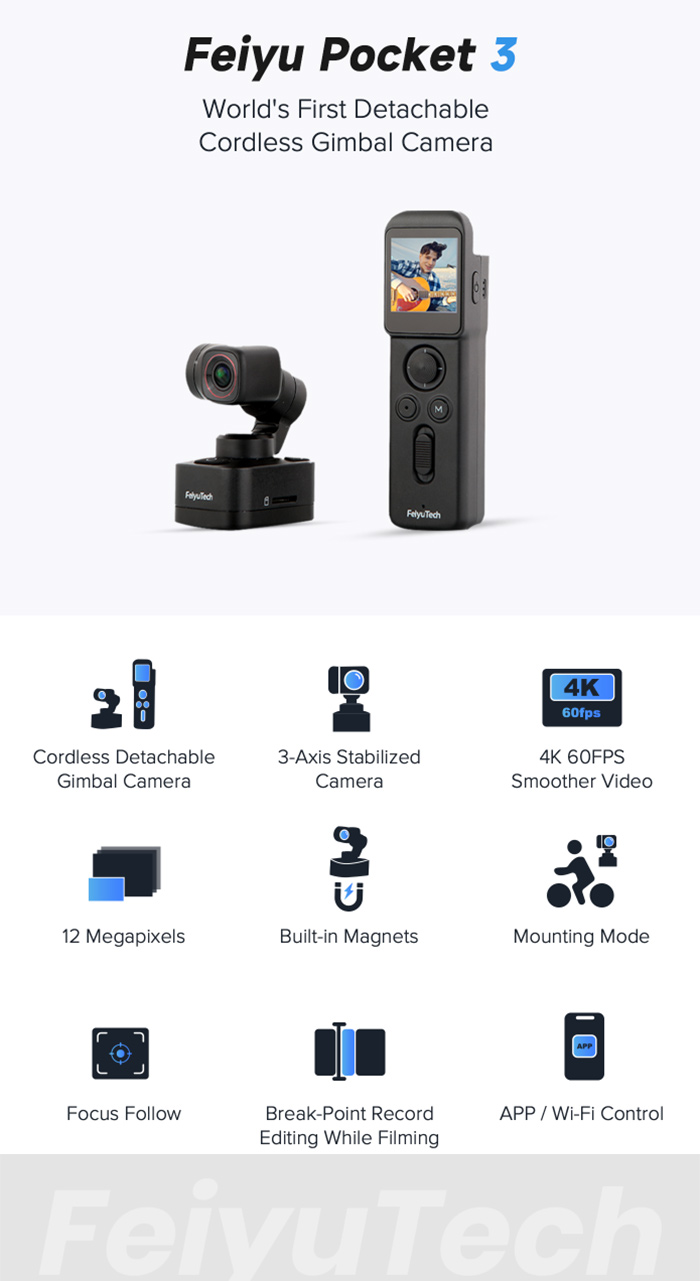 FeiyuTech Pocket 3 Cordless Detachable 3-Axis Stabilizer Gimbal Camera ...