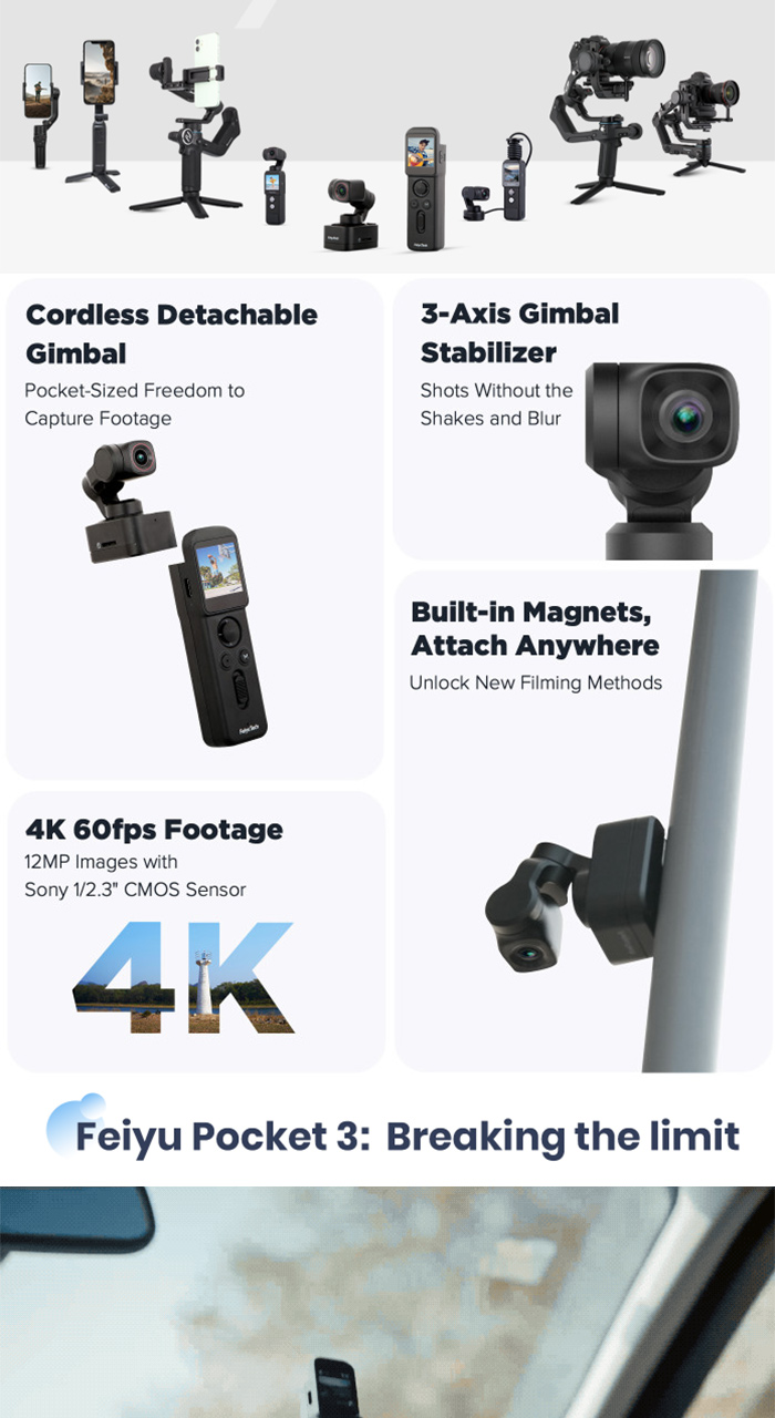 FeiyuTech Pocket 3 Cordless Detachable 3-Axis Stabilizer Gimbal Camera ...