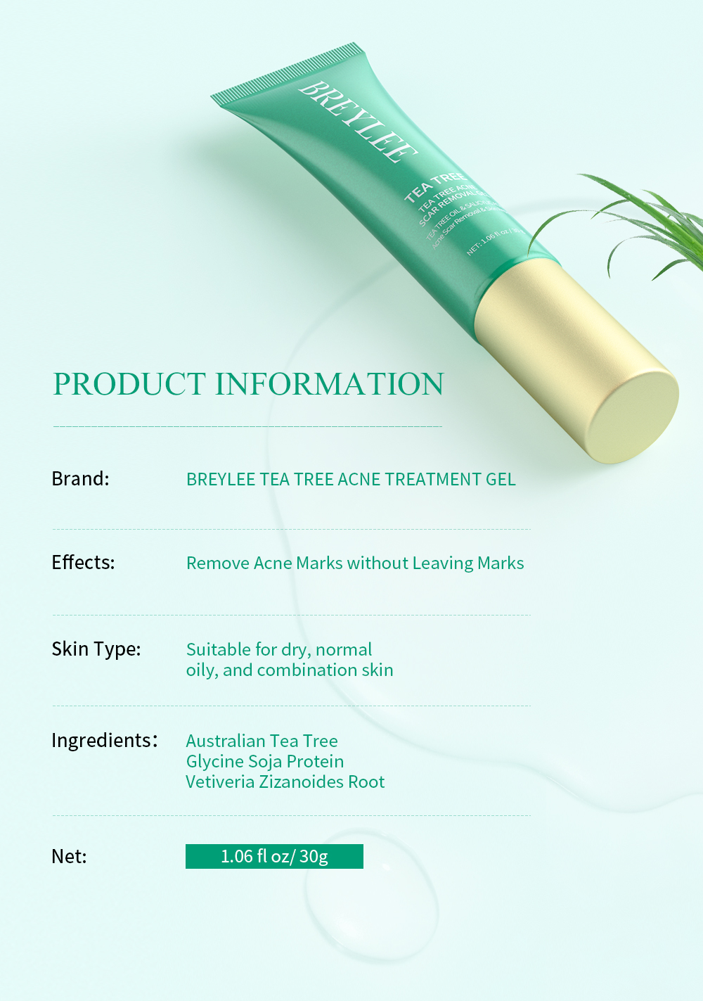 BREYLEE Tea Tree Acne Treatment Gel Acne Remover Gel Pimple Marks Remover Acne Scar Removal ...