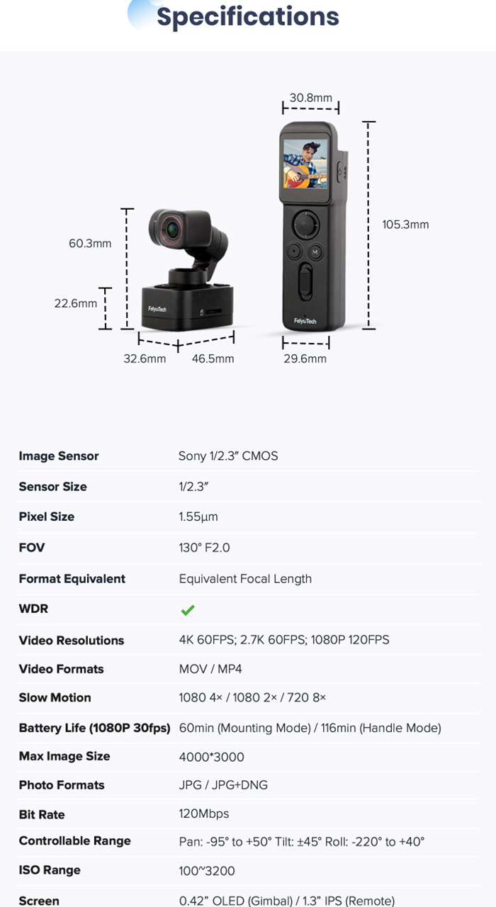 FeiyuTech Pocket 3 Cordless Detachable 3-Axis Stabilizer Gimbal Camera ...