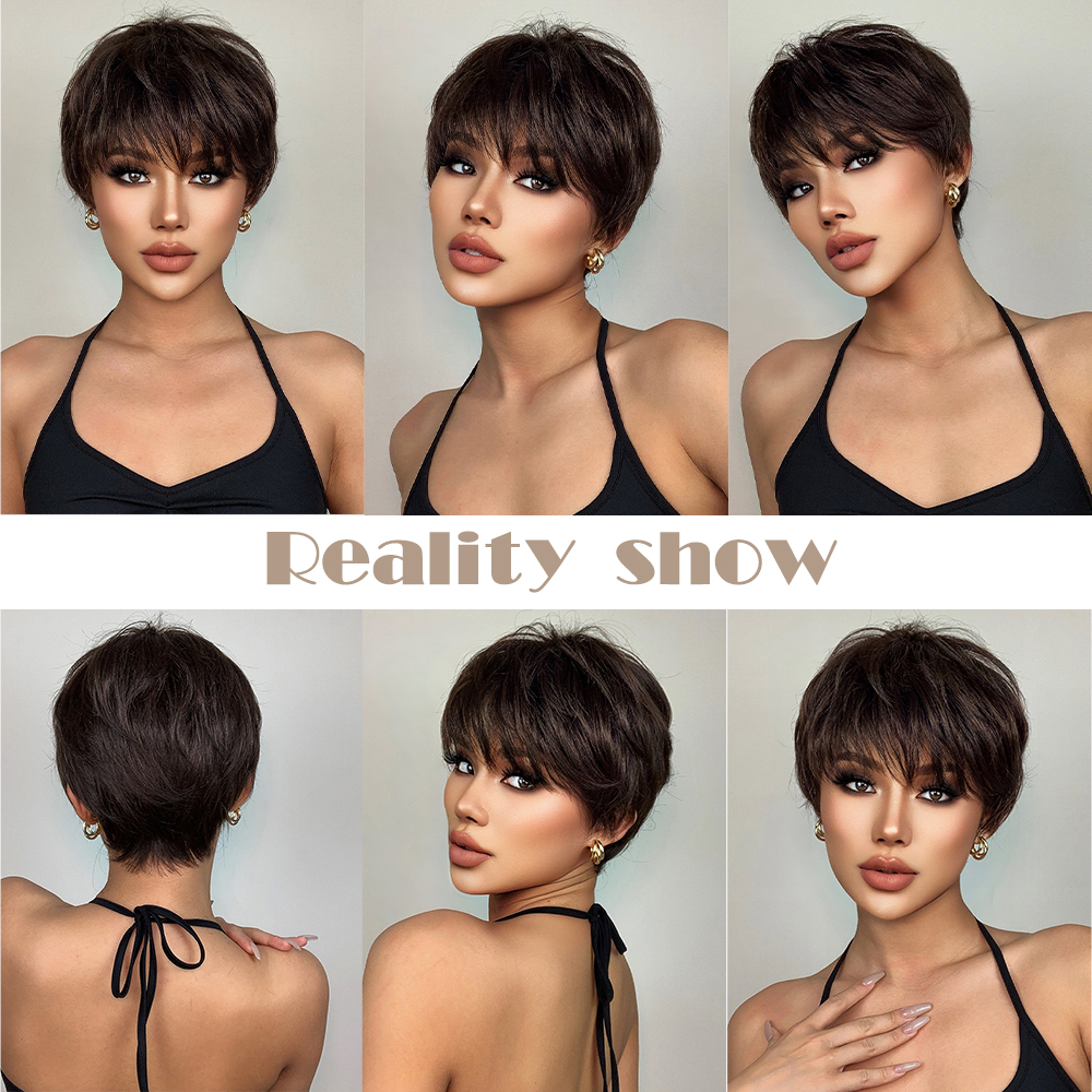 Short Pixie Cut Dark Brown Synthetic Wigs Natural Straight Layered Wig ...