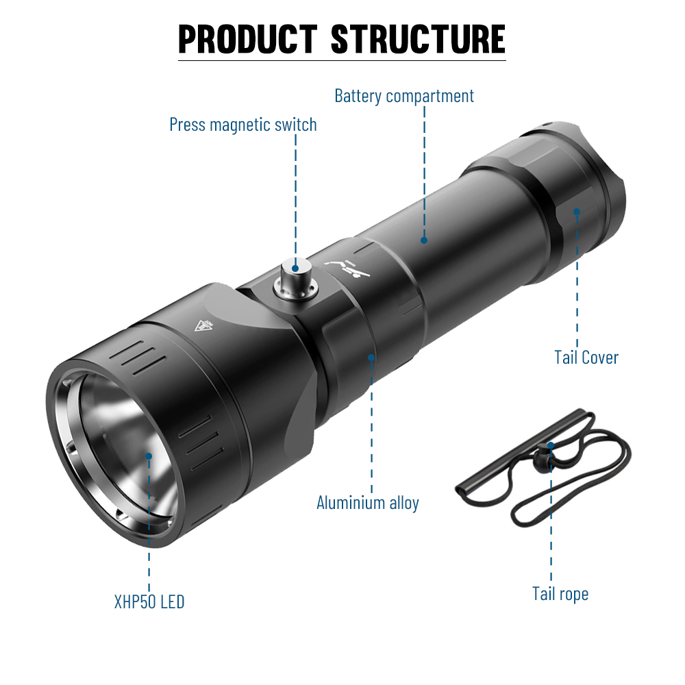 Diving Flashlight Ultra Bright XHP50 18650 26650 Battery Underwater 50 ...