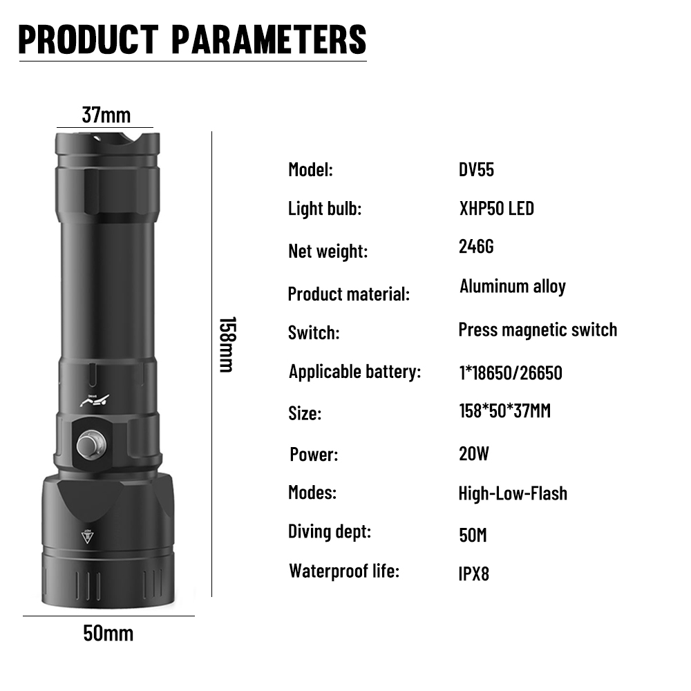 Diving Flashlight Ultra Bright XHP50 18650 26650 Battery Underwater 50 ...