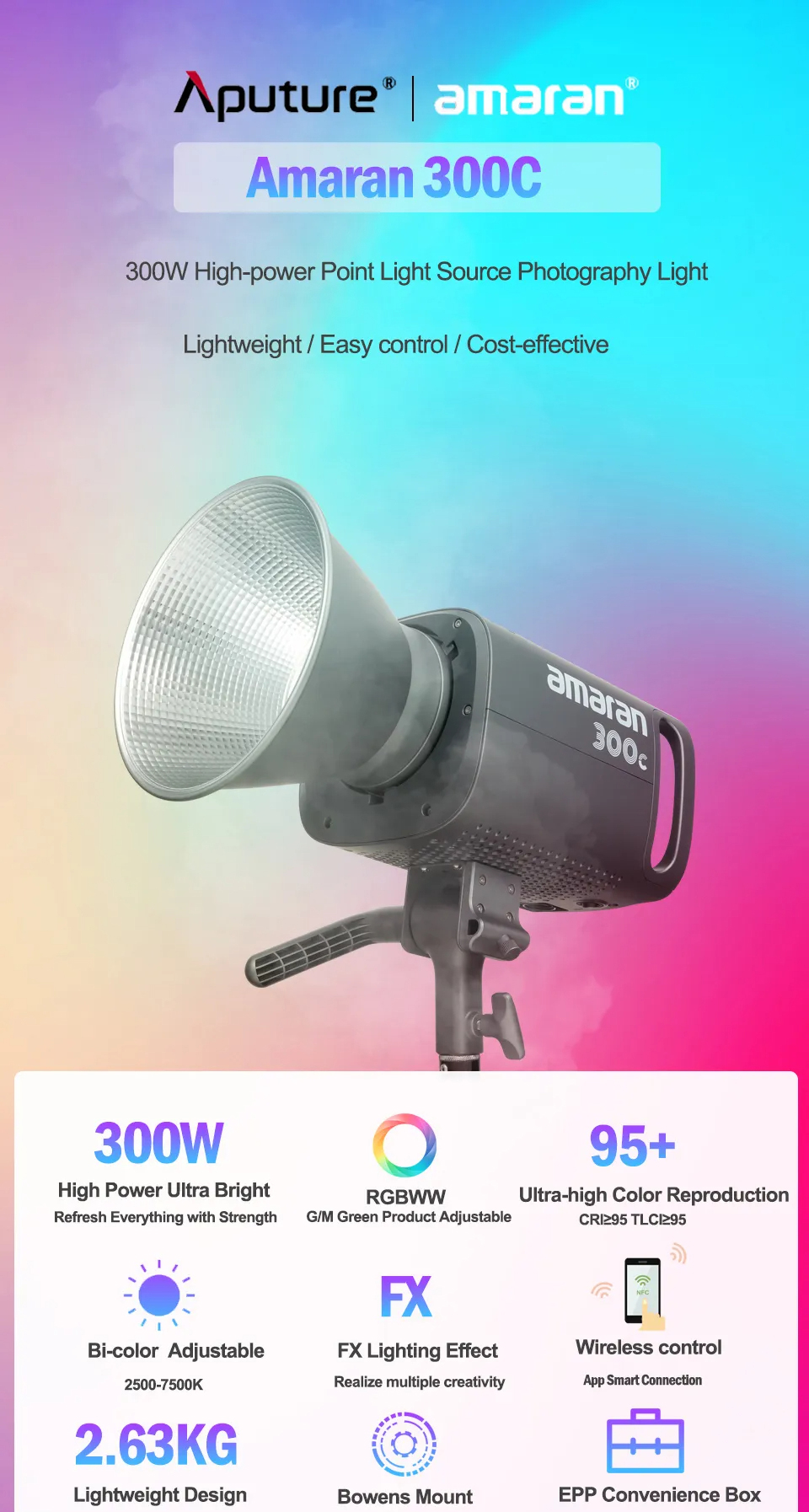 Aputure Amaran 300c 150c RGB Full-Color 2500K-7500K Studio LED Video light Bowens Mounts Sidus ...