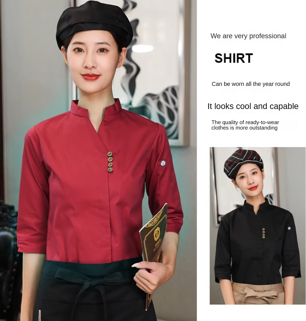 Hotel uniforms, male waiters work clothes, mid-sleeves, three-quarter ...