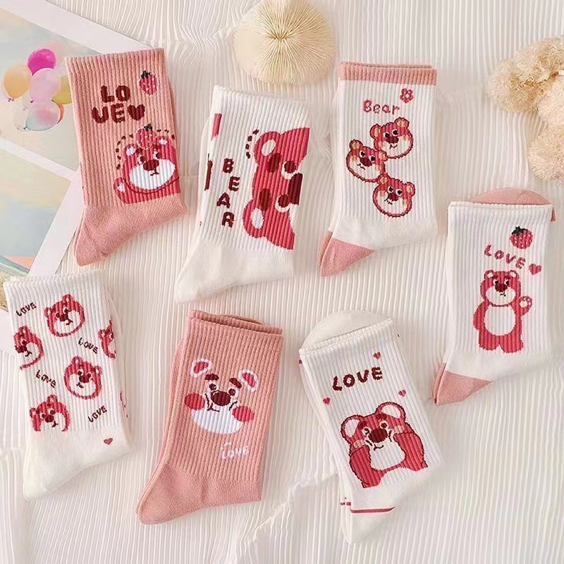 Ladies Cute Pink Strawberry Socks Cotton Preppy Style Girl Mid-tube ...