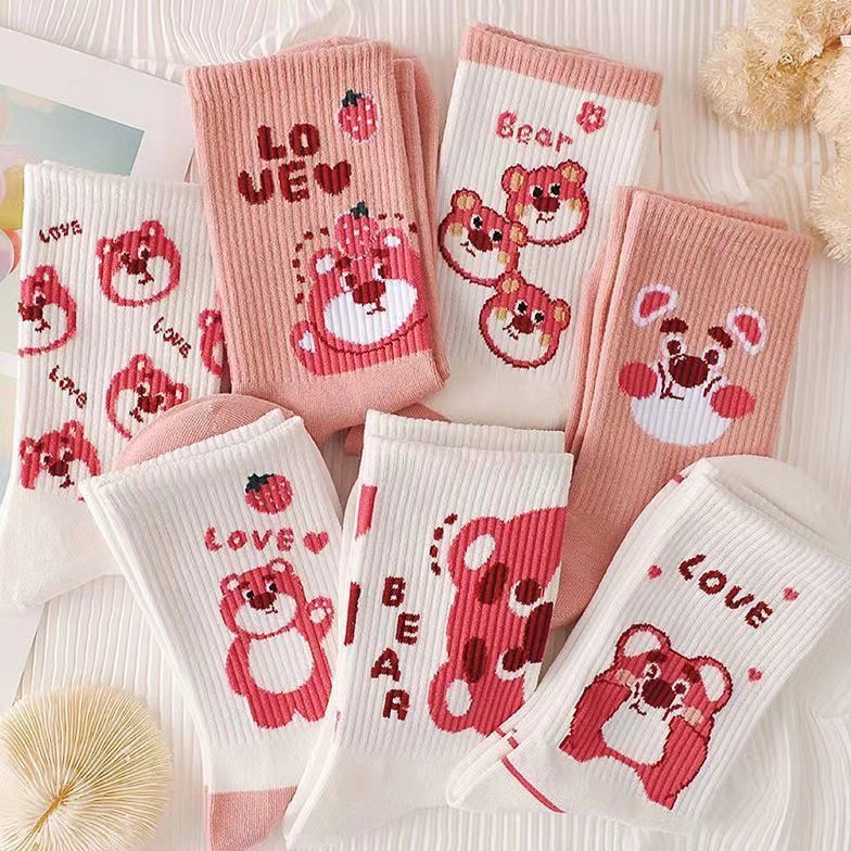 Ladies Cute Pink Strawberry Socks Cotton Preppy Style Girl Mid-tube ...