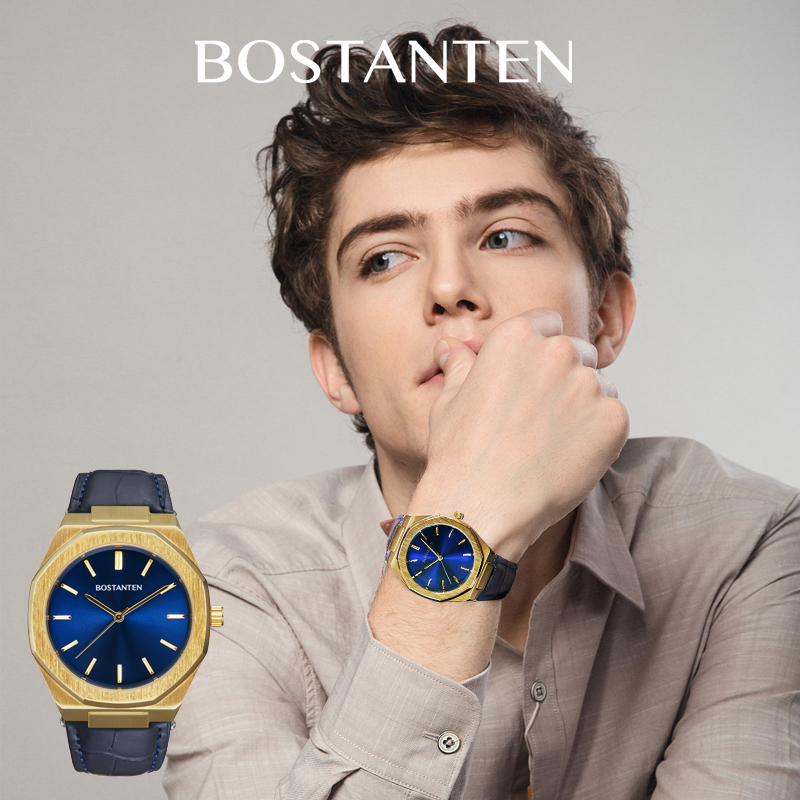 Bostanten Men Blue Metal Dial Quartz Leather Watch 50mm(with box ...