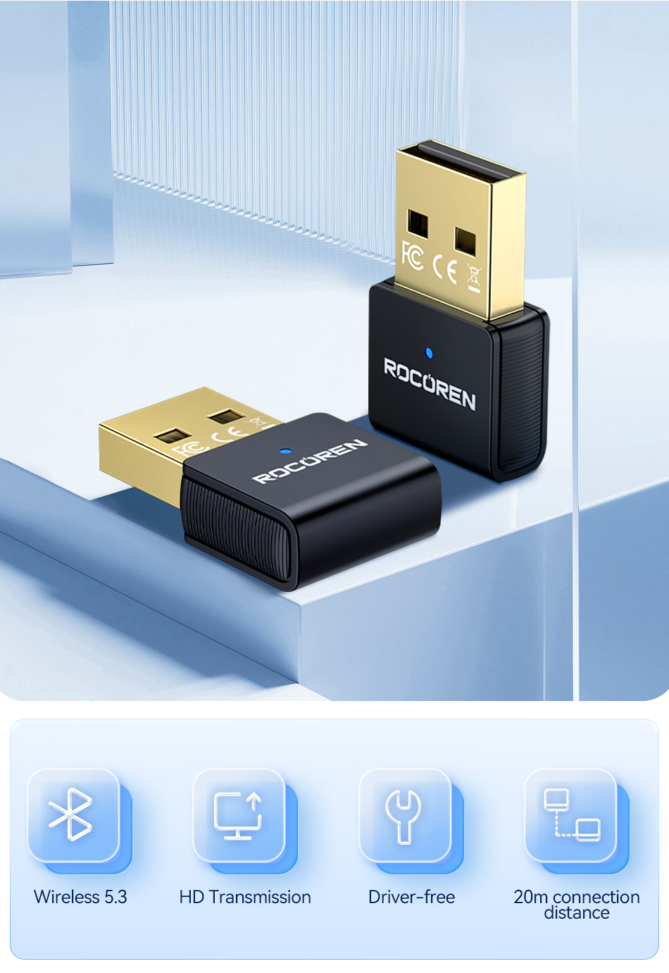 Rocoren USB Bluetooth 5.3 Adapter Receiver Transmitter EDR Dongle for ...
