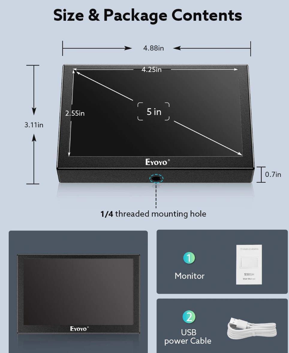Eyoyo S501H 5 Inch Home Security Metal TN Industrial Screen HDMI 4:3 ...
