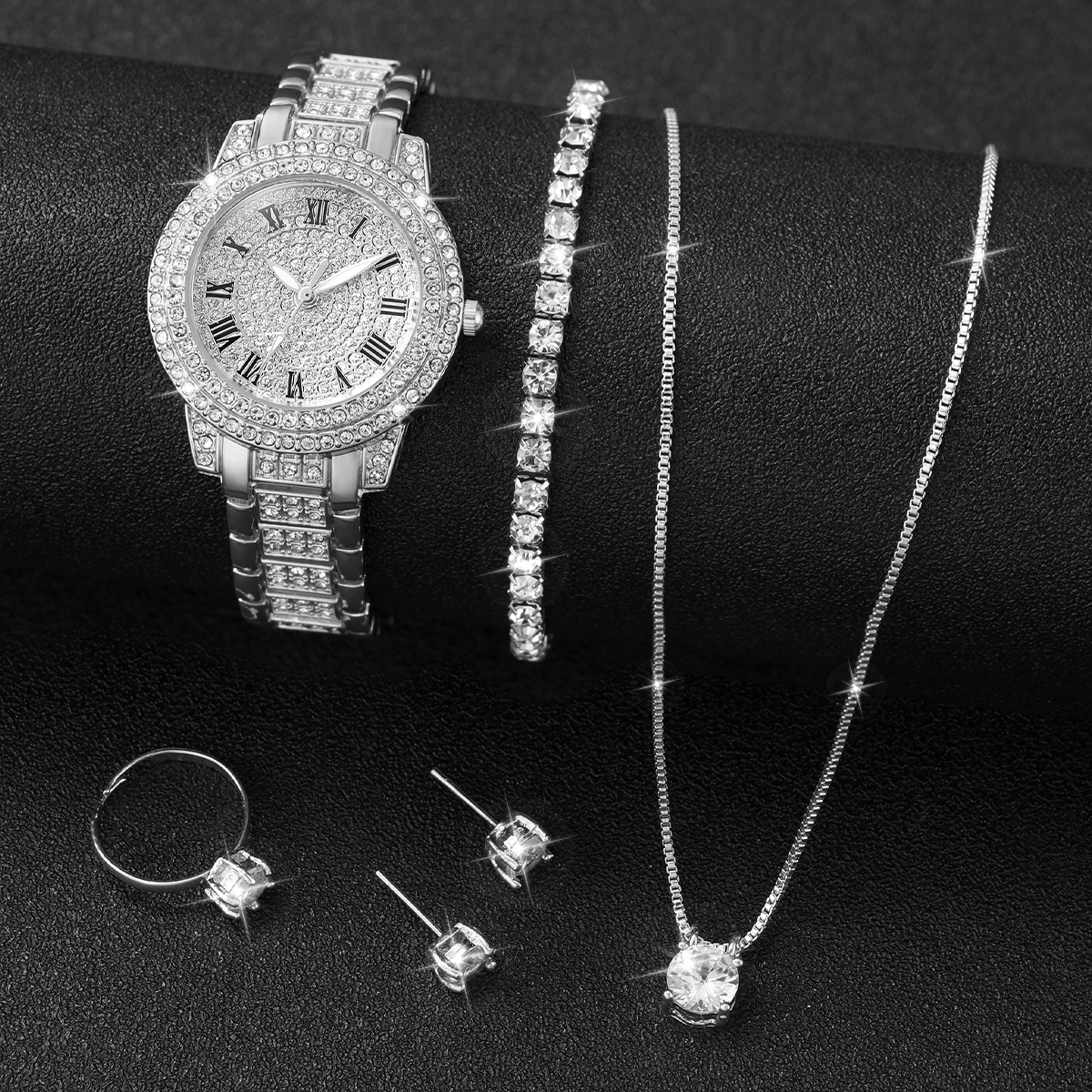 6PCS Chic Women's Silver Steel Quartz Watch with Rhinestone Accents ...