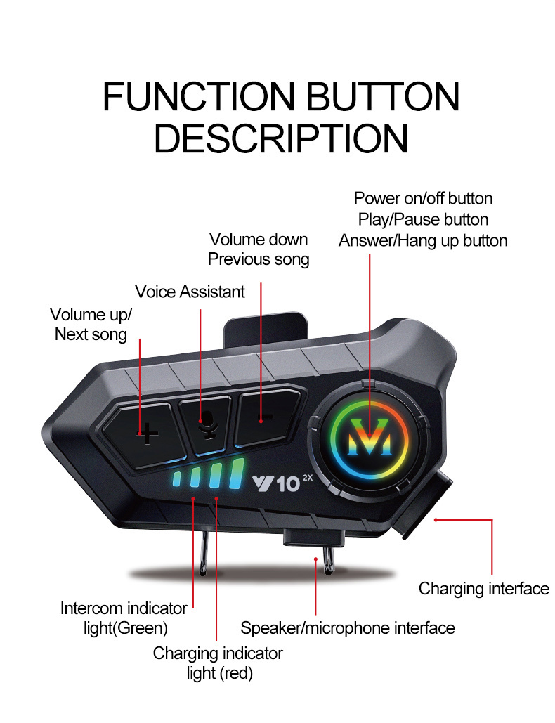 Y10 2X Wireless Bluetooth 5.3 Motorcycle Helmet Intercom Headset 300M ...