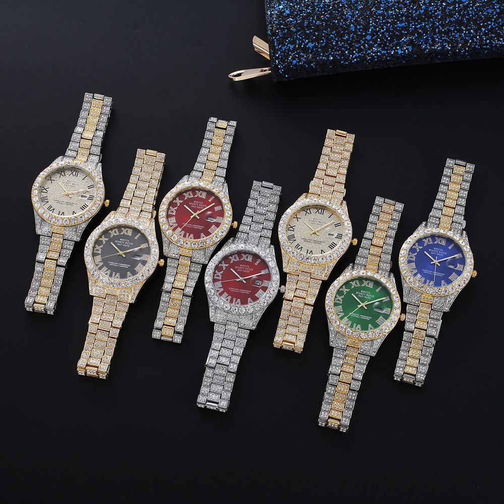 Rhinestone Calendar Full Diamond Face Men's Watch Roman Scale Alloy ...