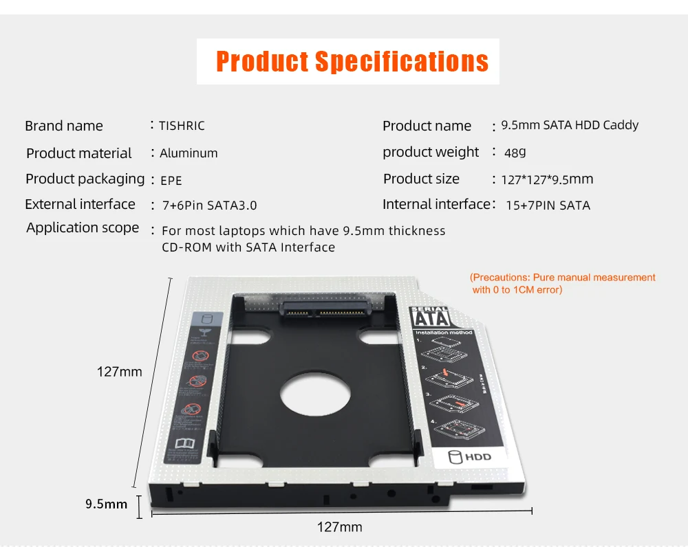 SATA to SATA 2nd HDD Second Hdd Caddy 9.5mm ATA 3.0 2.5'' SSD DVD CD ...