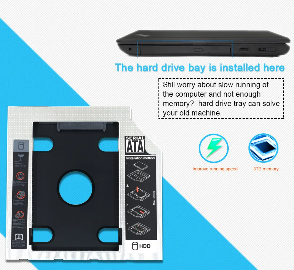 SATA to SATA 2nd HDD Second Hdd Caddy 9.5mm ATA 3.0 2.5'' SSD DVD CD ...