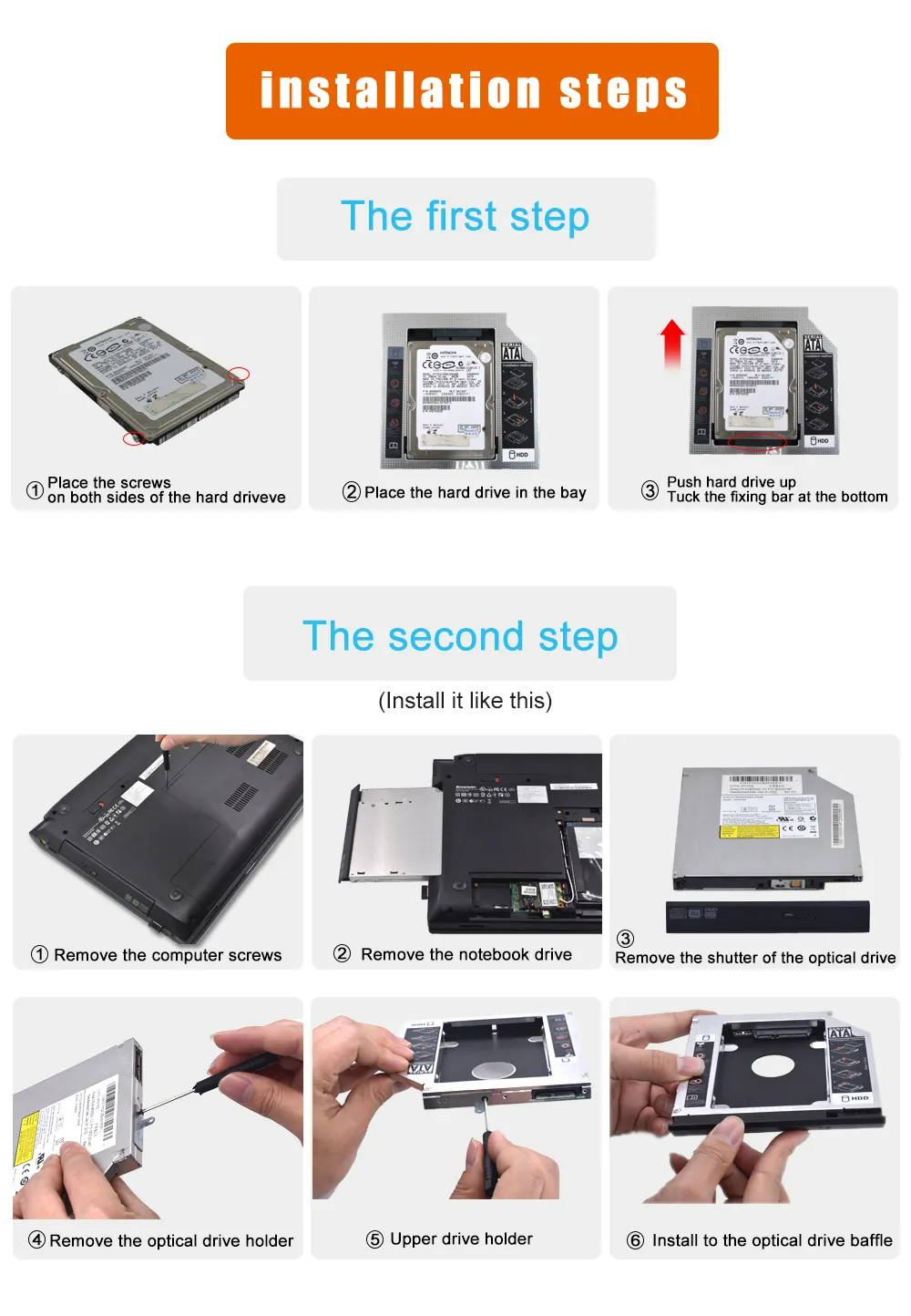 SATA to SATA 2nd HDD Second Hdd Caddy 9.5mm ATA 3.0 2.5'' SSD DVD CD ...