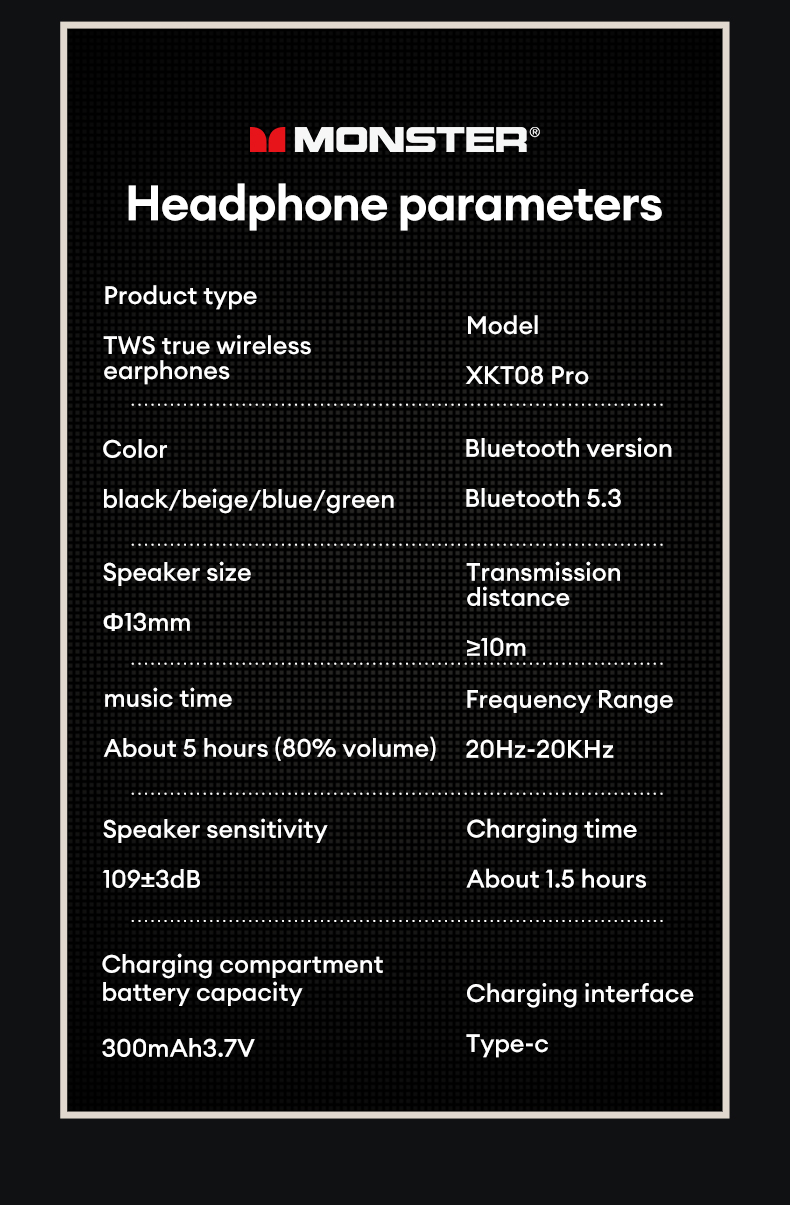 Monster XKT08 PRO Bluetooth Earphone Wireless Earphone HiFi Sound ...