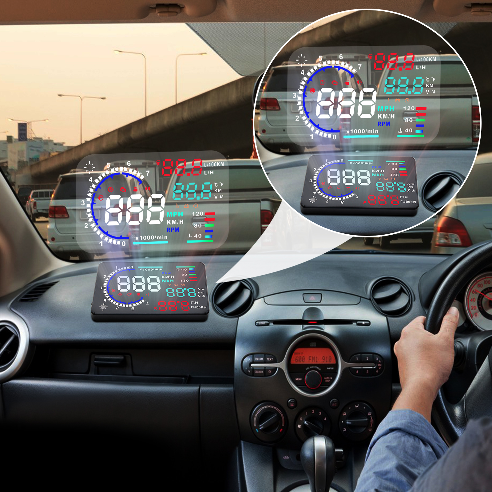 A8 HUD 5.5" Dash Screen Projector OBD2 Auto Gauge RPM MPH Speedometer ...