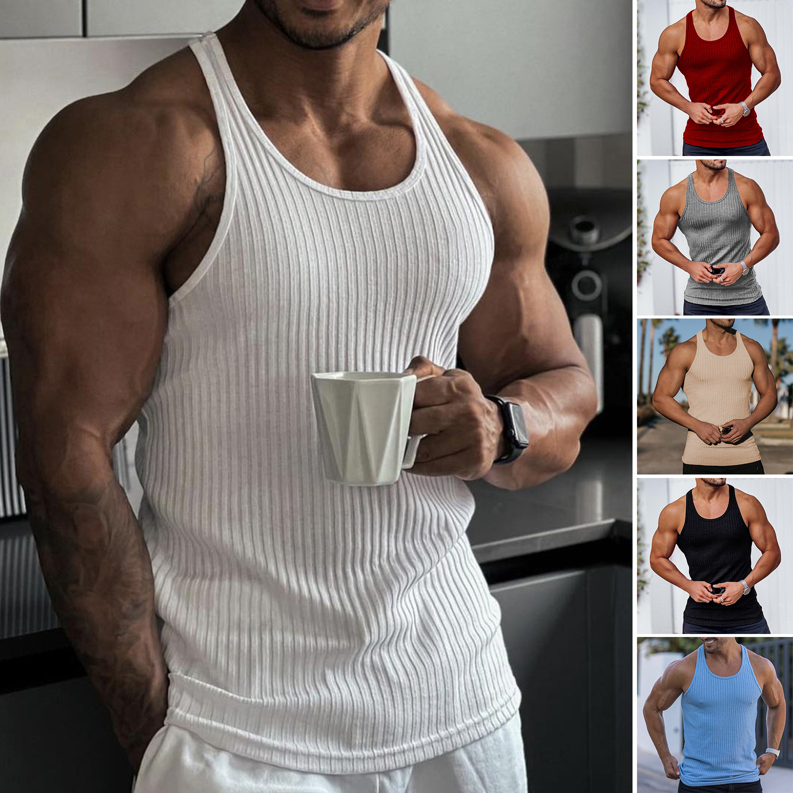 YYR--O-Neck Sleeveless Racerback Men Vest Summer Ribbed Solid Color ...